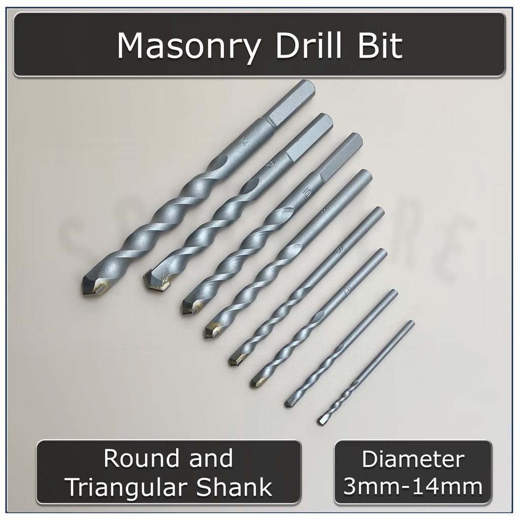 Masonry Drill Bit / Round and Triangular Shank Sizes 3, 4, 5, 6, 8, 10 ...