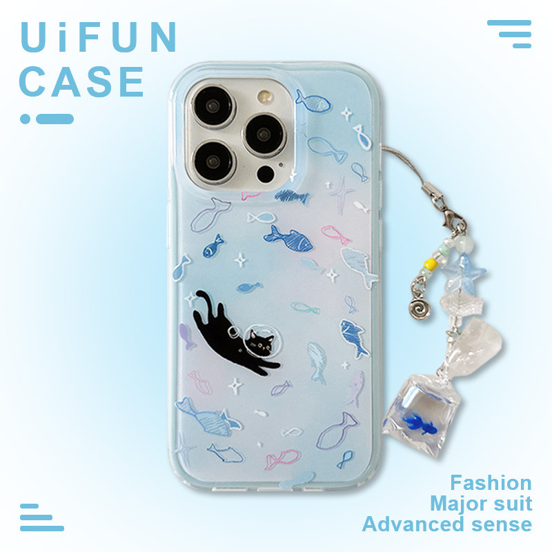 INS Gradient Blue Fish Black Cat 2 in 1 Phone Case Compatible for ...