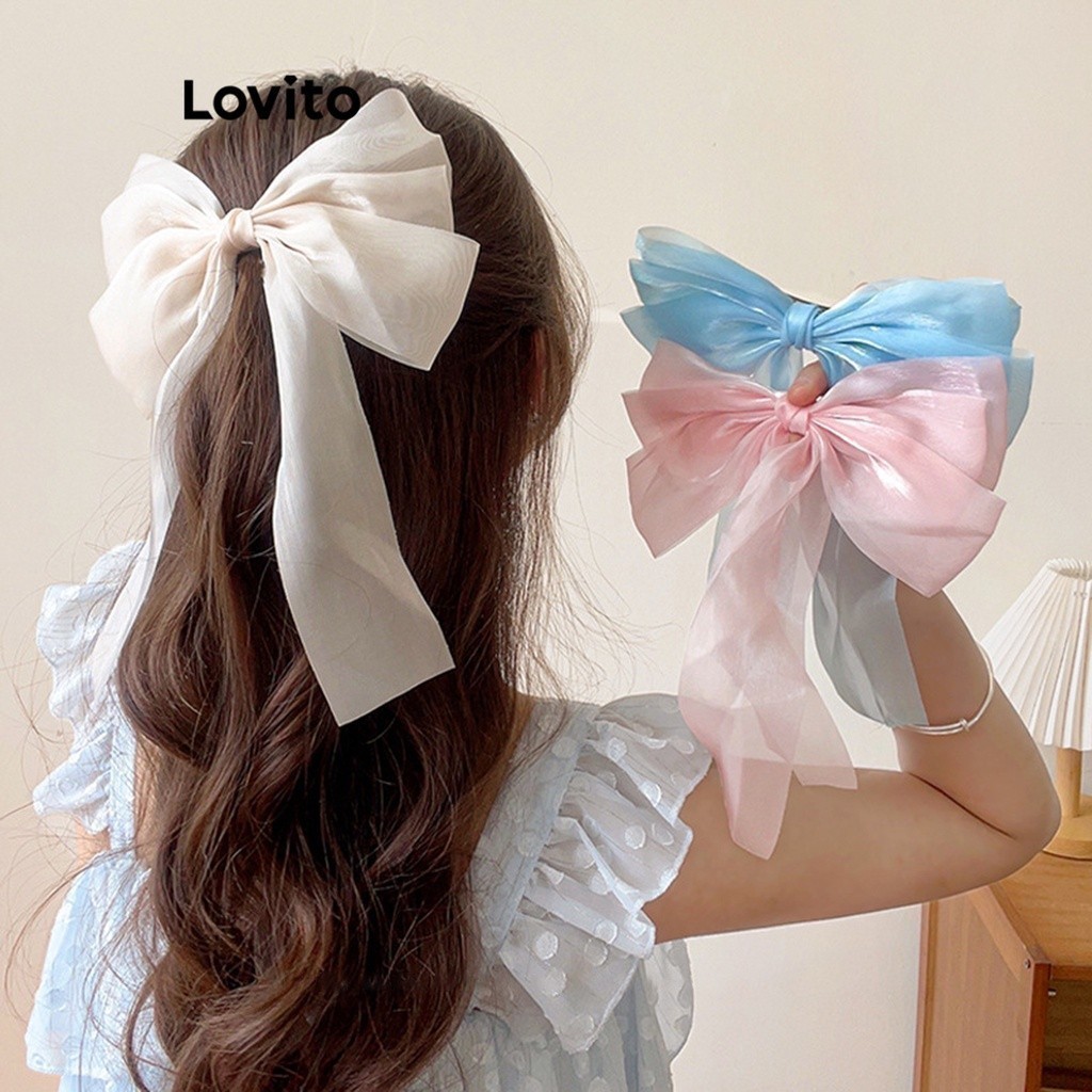 Lovito Women Preppy Hair Clips Plain Bow Mesh Sweet Temperament Ribbon ...