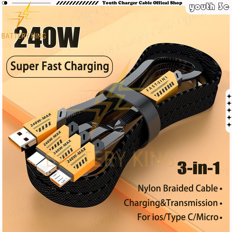 240W Super Fast Charging Data Cable 3-in-1 USB to ios/Type C/Micro ...
