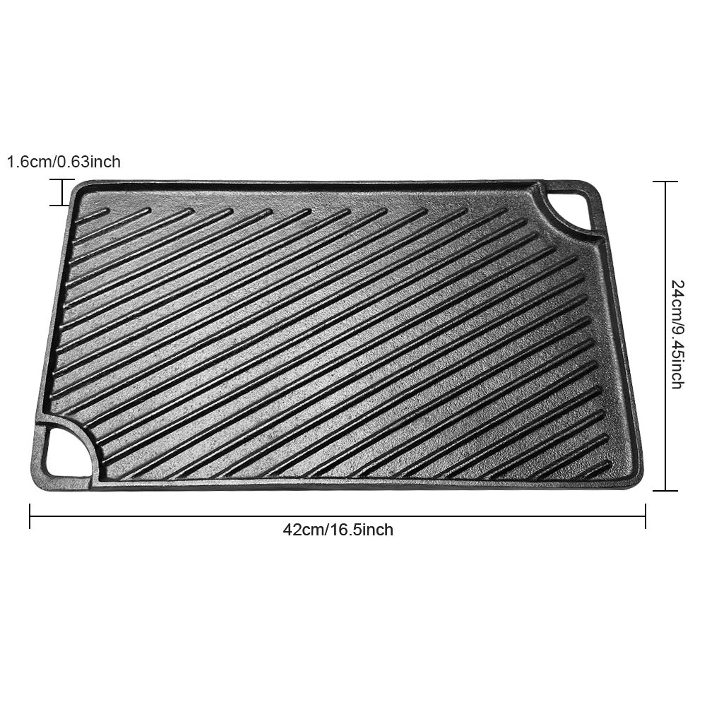 16.5X9.5 Inch Cast Iron Grill Plate Reversible Griddle Pan Rectangular ...