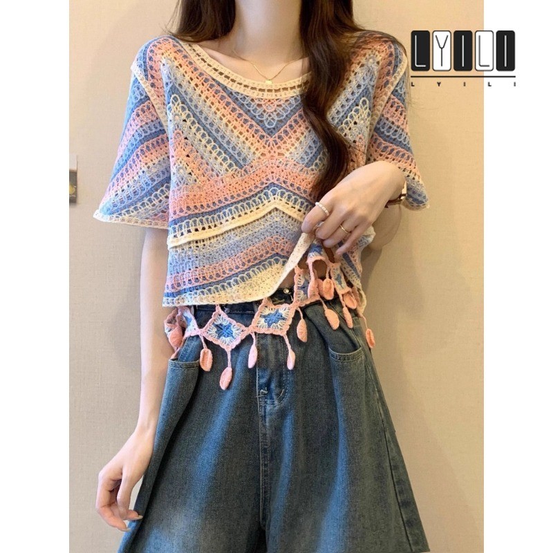 Bohemian Ice Silk Knit - Embroidery Fringe Crochet Detail | Shopee ...