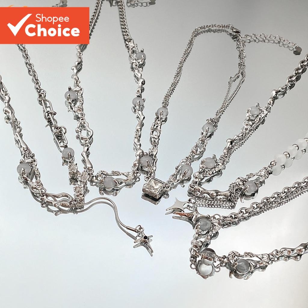 Y2k Gem Silver Necklace Beads Heart Star Aesthetic Pendant for Women ...