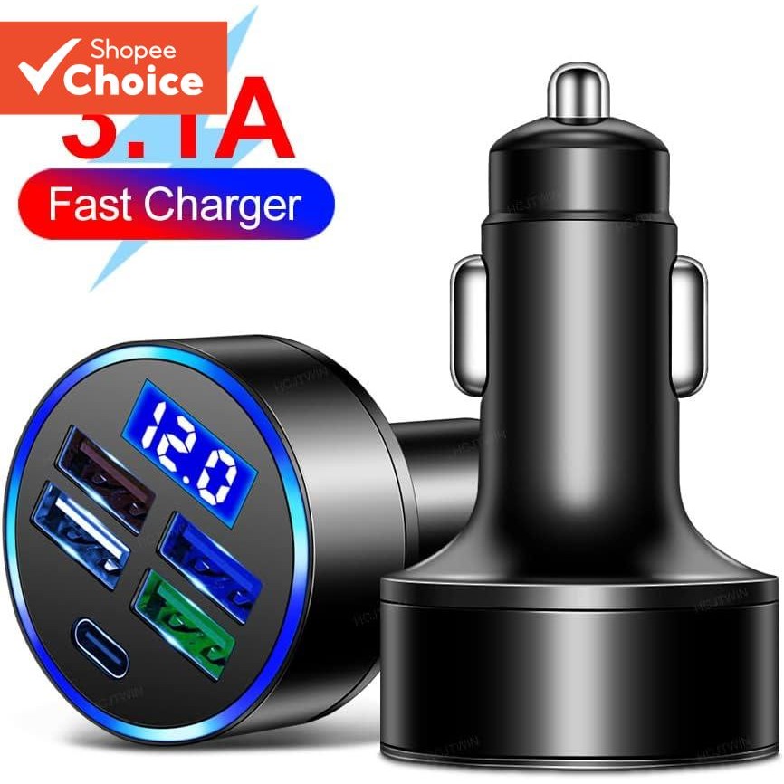 5 Ports USB C Car Charger Quick Charge 3.0 Digital Display Mobile Phone ...