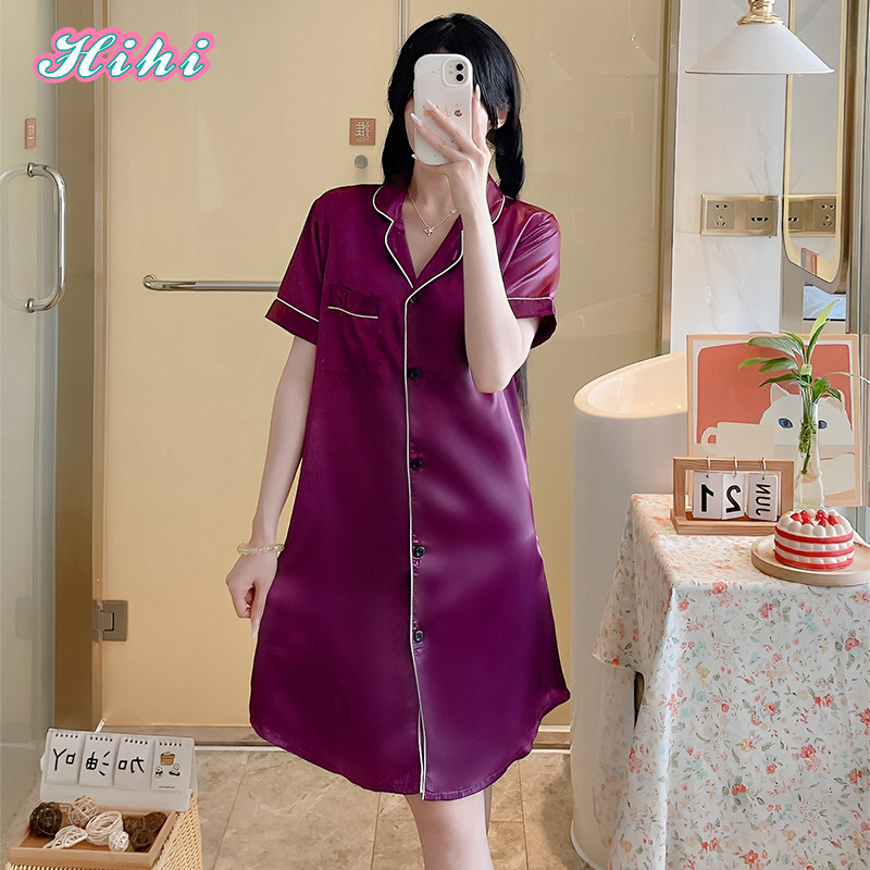 HiHi Korean New silk Plain short sleeve night dress duster sleepwear ...
