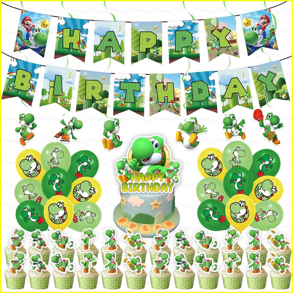 ST2 Yoshi Mario theme kids birthday party decorations banner cake ...