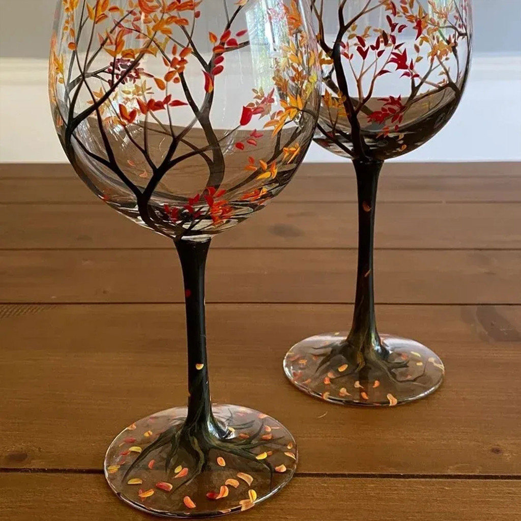 Hand Painted Four Seasons Tree Wine Glass Elegant Wide Rim Stemware for ...