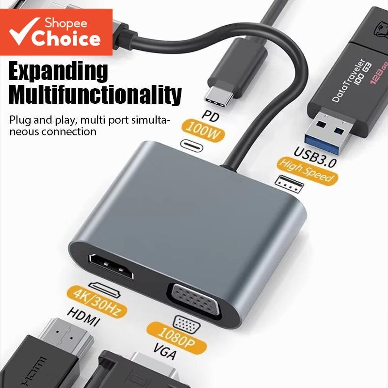 [Shopee Choice] 4 In 1 Hub 4K Type C to HDMI VGA USB-C Adapter 1080P ...