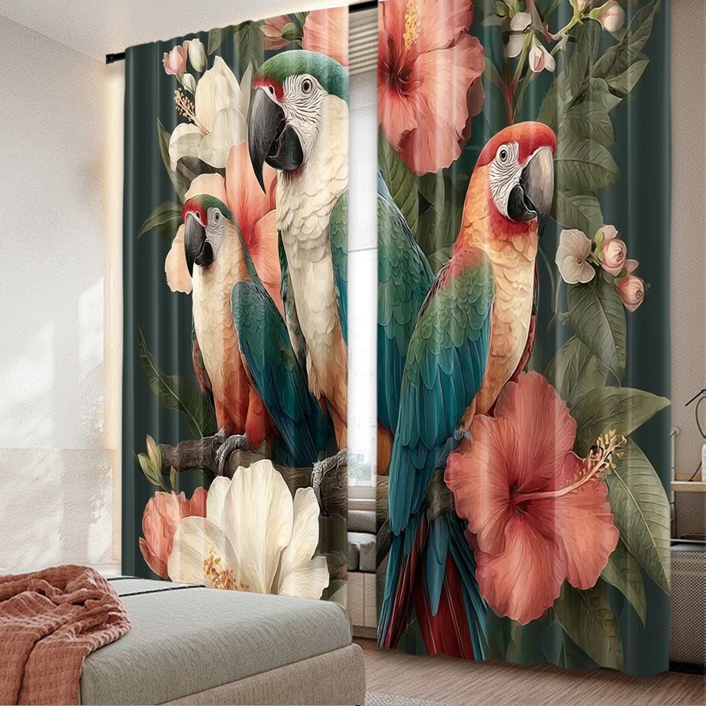 2pcs 2D flat printing Window Curtains parrot flower Fabric Without ...