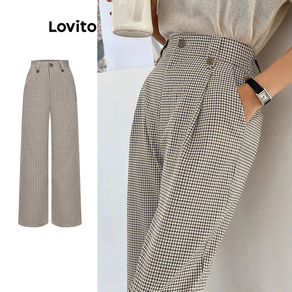 Lovito Women Casual Pants Gingham Button Pants L70AD049 (Multi-color ...