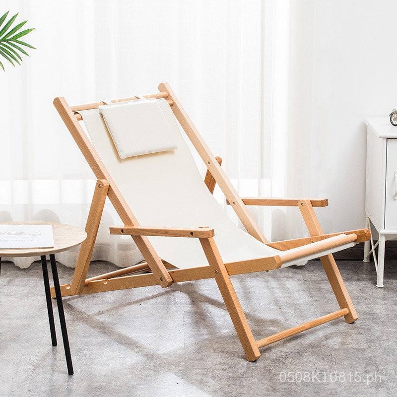 Canvas Recliner Lounge Chair Portable Balcony Chair Solid Wood Folding ...
