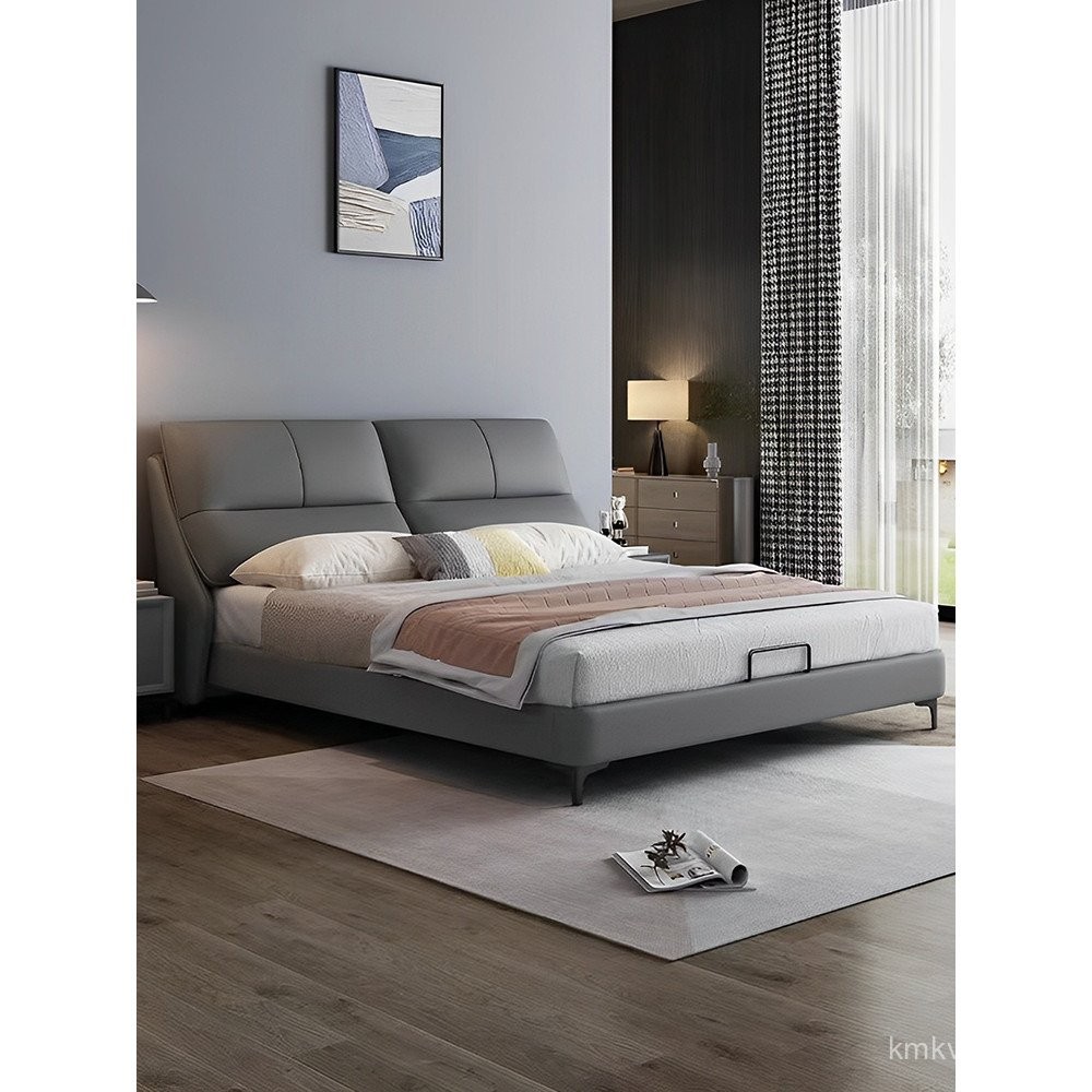 Luxury Genuine Leather Bed Modern Minimalist Master Bedroom Bed High ...