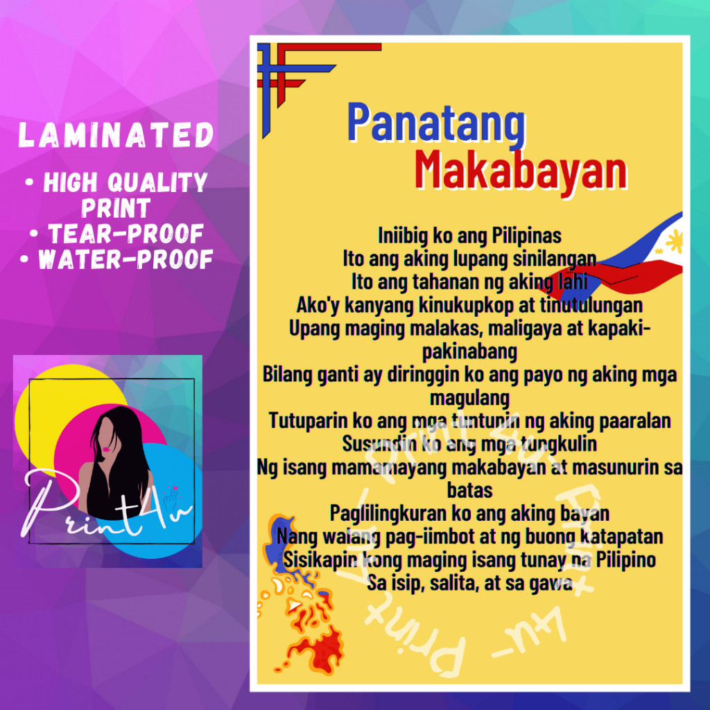 Panatang Makabayan Laminated for kids Learning Material | Shopee ...