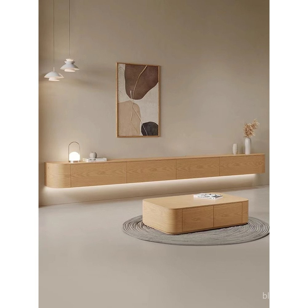 Solid Wood Floating TV Cabinet Cream Natural Wood Style Simple Modern Hanging Coffee Table TV ...