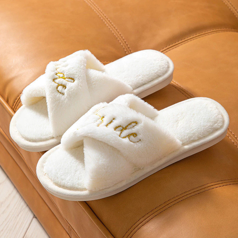 Bride Bridesmaid Embroidered Rabbit Fur Cross Slippers Wedding Party ...
