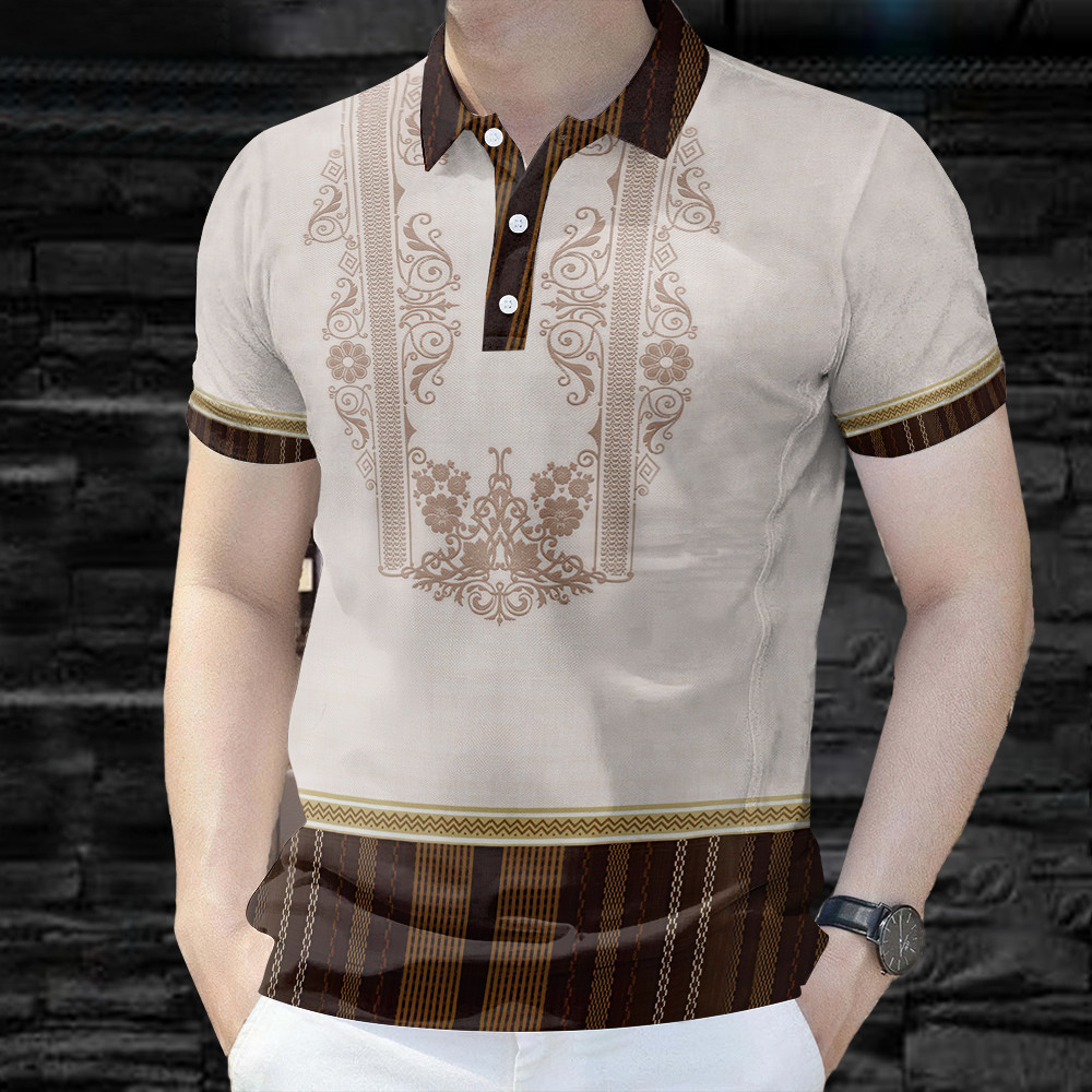 2025 retro ethnic style floral balong mocha color polo shirt modern ...