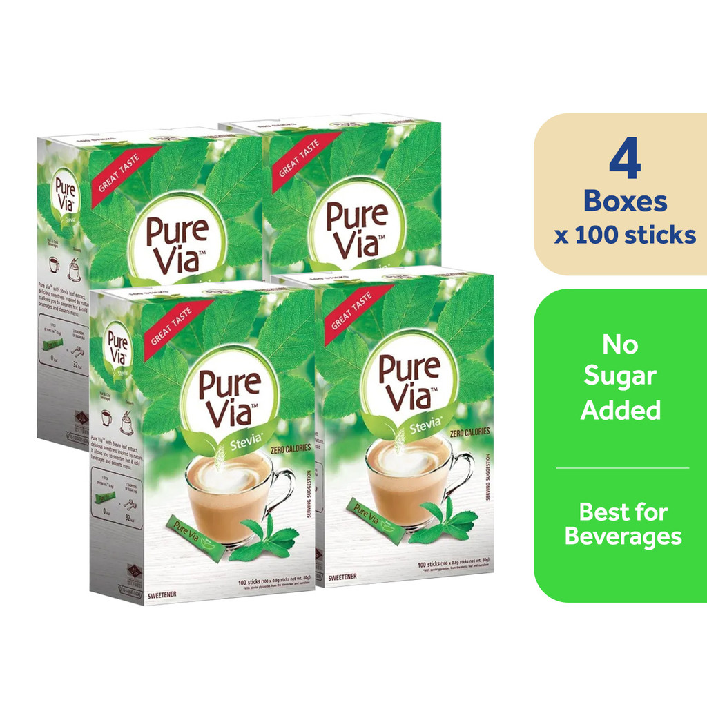 Pure Via Stevia Zero Calorie Sweetener 100 Sticks - 4 Boxes (Stevia ...