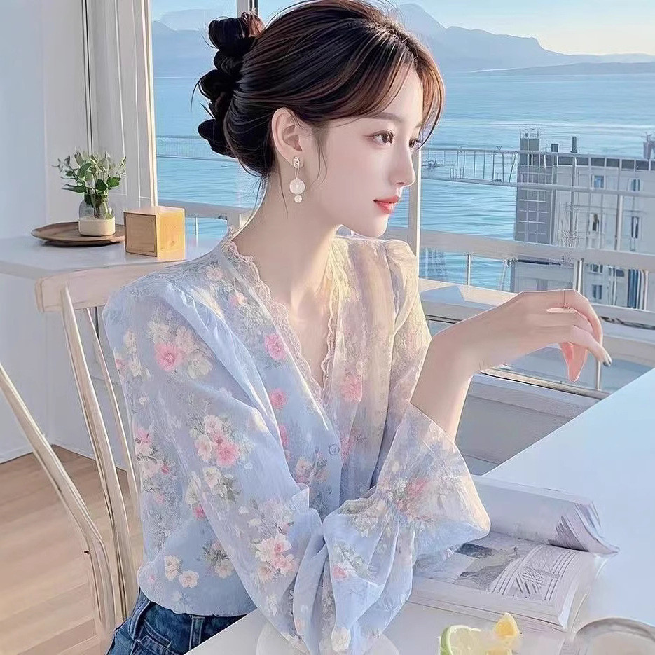 French Blue Floral Long-Sleeved Chiffon Shirt Ladies Light Luxury ...