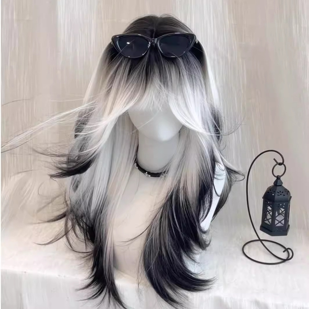 [Meteorite Border Shepherd] Wig Female Qi Bangs Black White Gradient ...