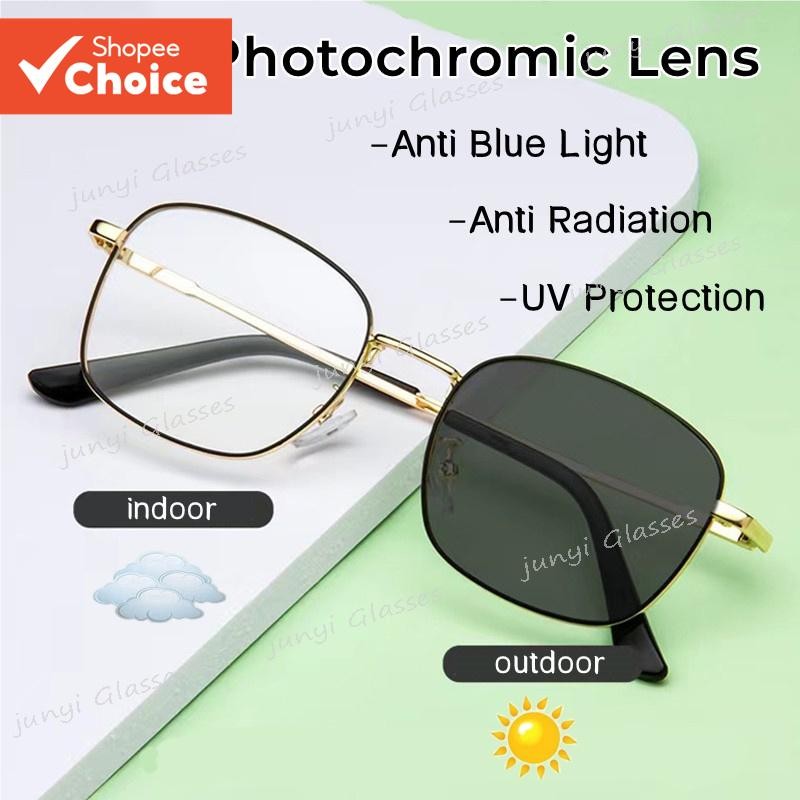 Photochromic Blue Light Glasses - Square Metal Frame Transition Lens ...
