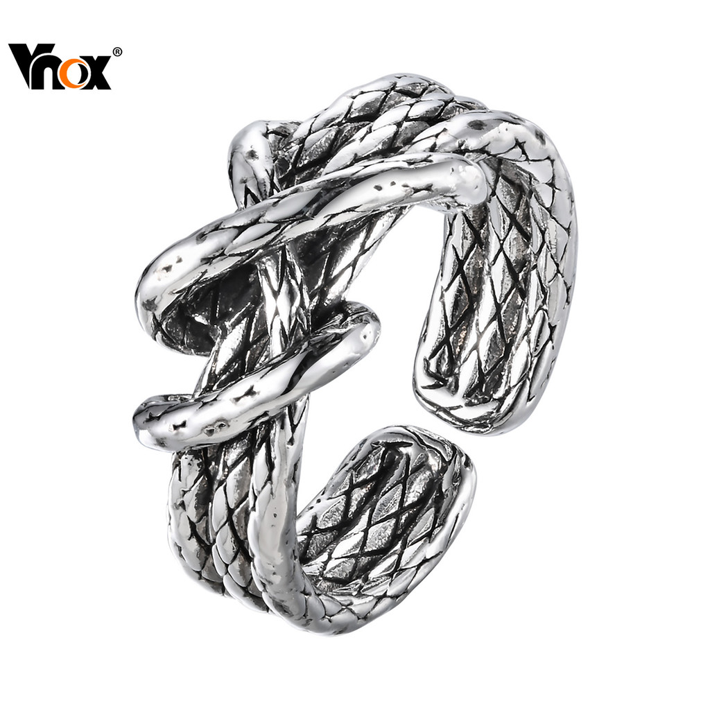 Vnox Retro Woven Rope Ring For Men Silver Color Punk Gothic Adjustable ...