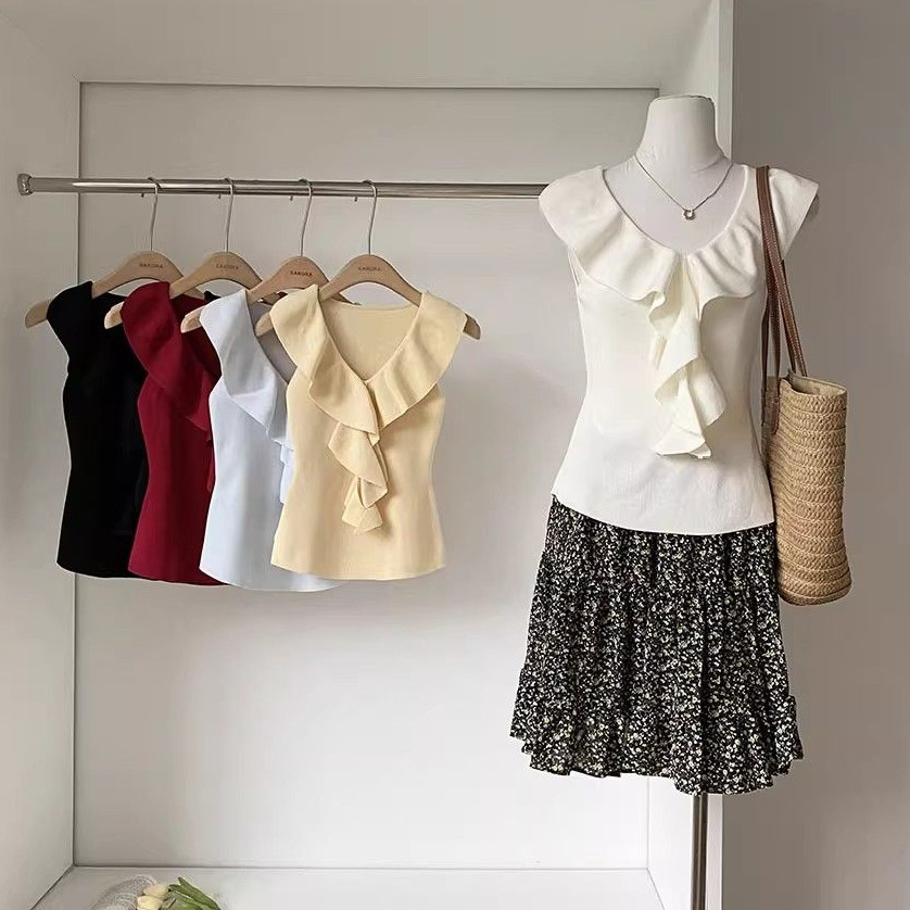 Versatile Solid Color Simple Ruffle Trim Tank Top Casual Youthful Slim ...