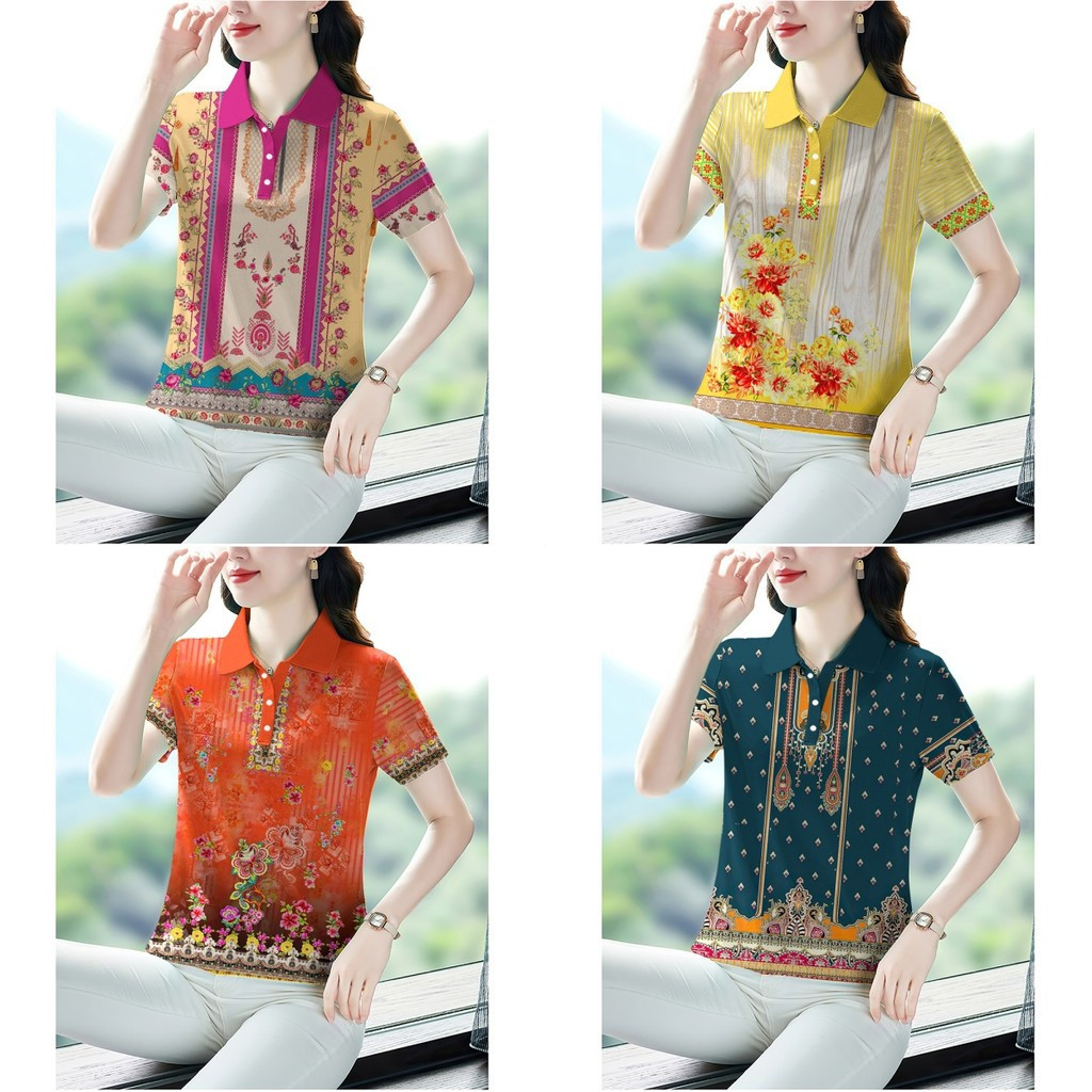2025 Retro Flowers Printed Polo Shirt Women's Lapel Short-Sleeved Polo ...