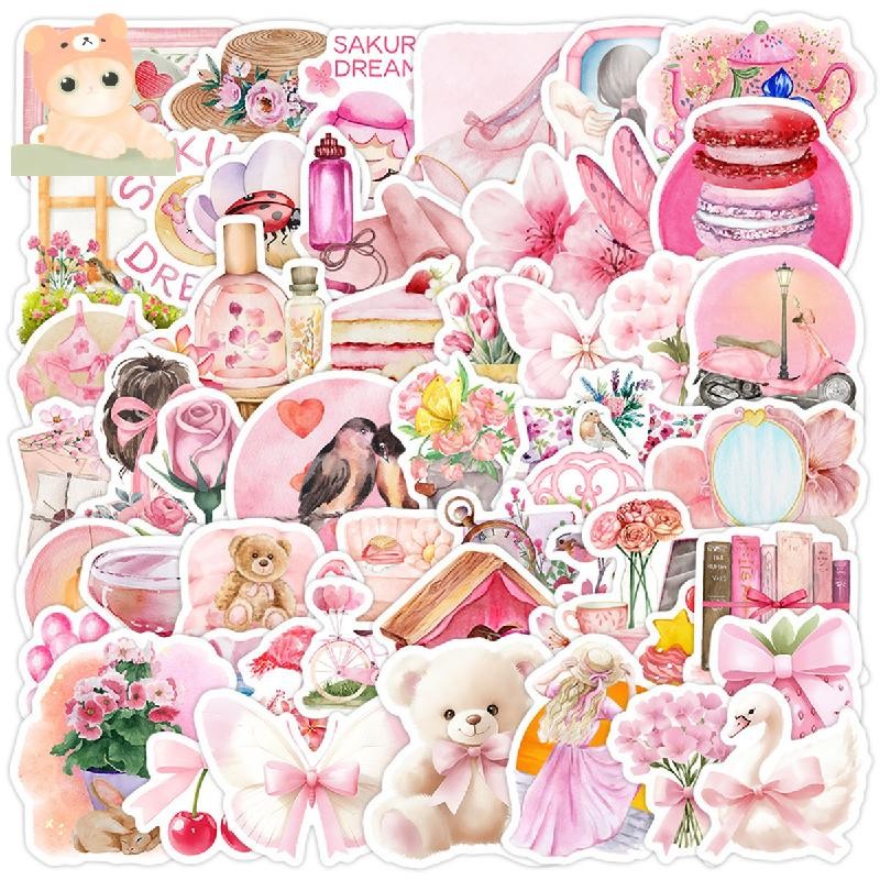 50 Pink Series Stickers Pink Cartoon Bear Aesthetic Stickers | Shopee ...