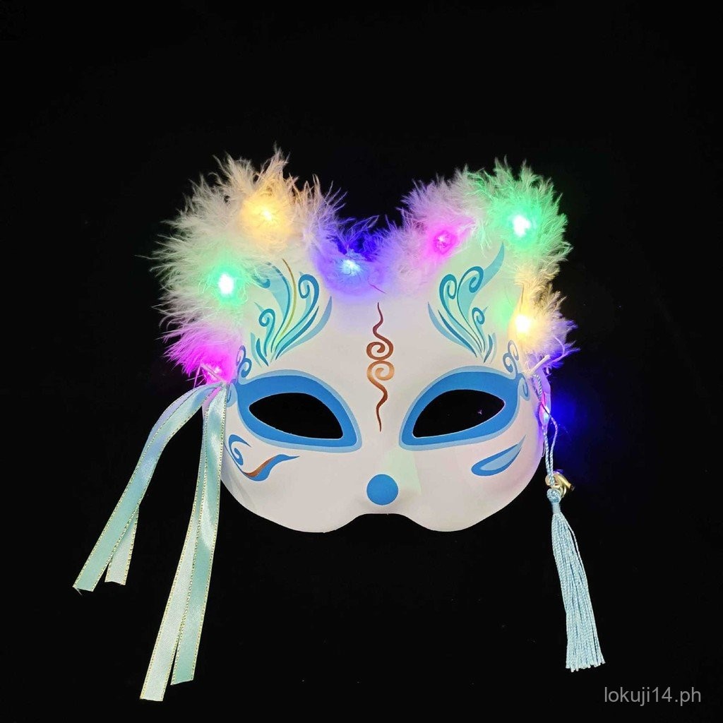 Glowing Feather Fox Mask Half Face Cat Anime Style Ancient Fox Mask ...