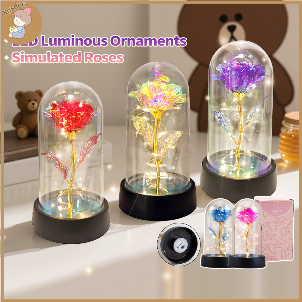 Kissdora Rose Lamp in Glass Dome Artificial Flower Rose with LED Light ...