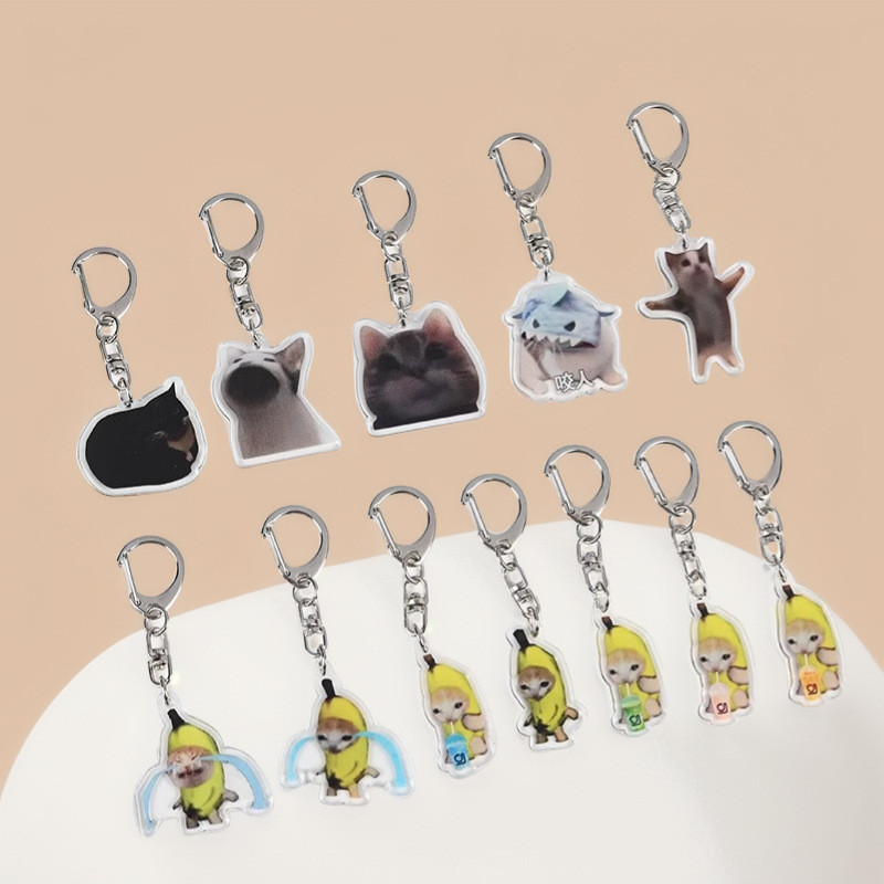 Cute meme Crying Banana Cat Keychain Acrylic Emoji Cartoon Key Ring ...