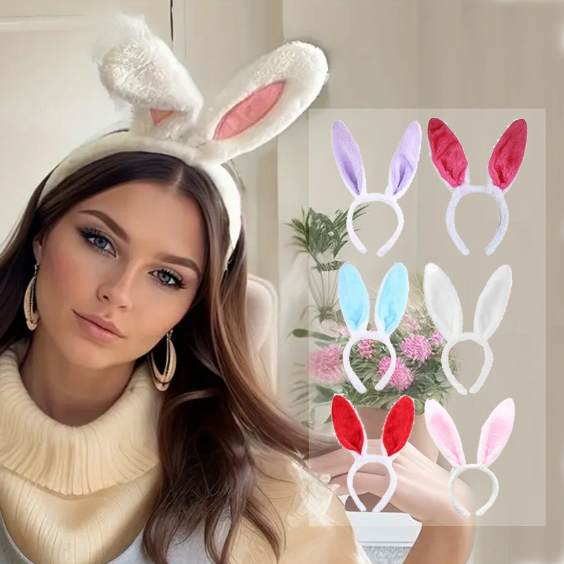 Pink Plush Rabbit Ear Hair Hoop Flexible Bunny Ears Headband Theme ...