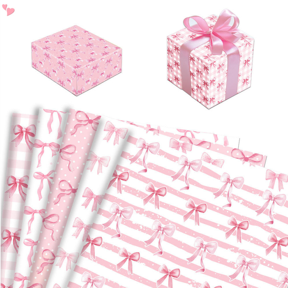 12 Sheets Pink Bow Wrapping Paper, Pink Floral Plaid Heart Bow Gift ...