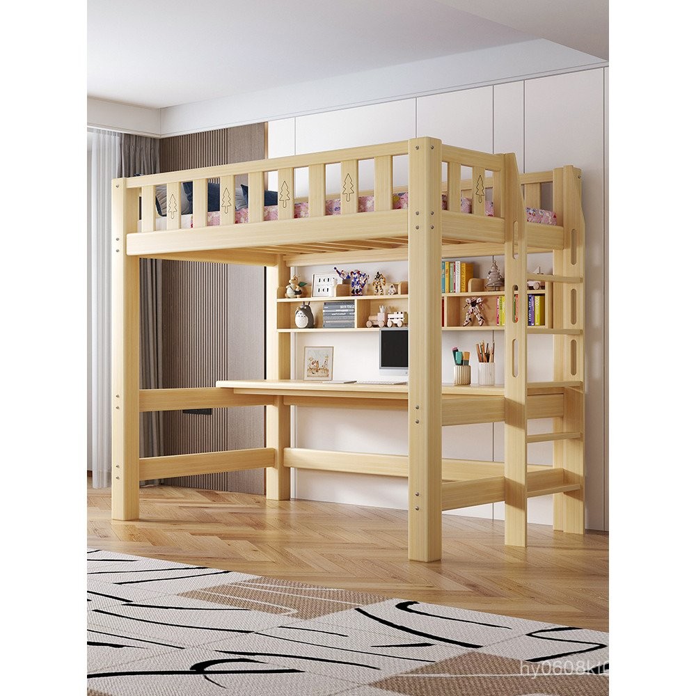 Solid Wood Loft Bed with Integrated Desk and Bookshelf for Children ...