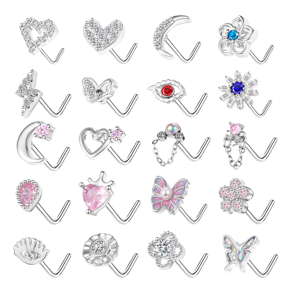 1 PC Stainless Steel Nose Piercing Pink Heart Nostril Piercing L Shape ...