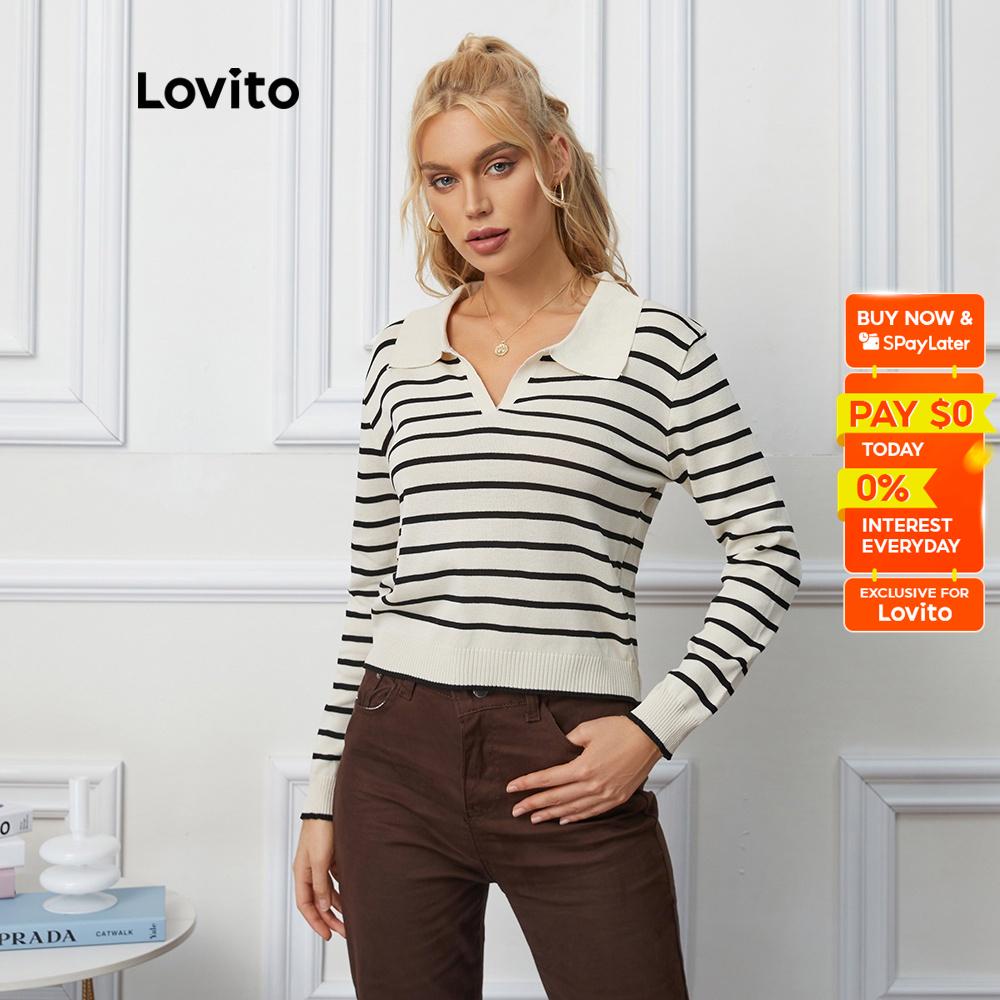 Lovito Preppy V Neck Polo Collar Striped Long Sleeve Tops for Women ...