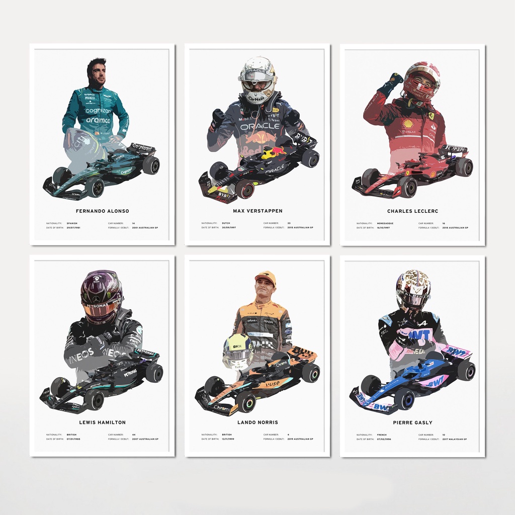 Set of 6 Formula 1 Driver Posters Motorsport F1 Wall Art Gift For Boys ...