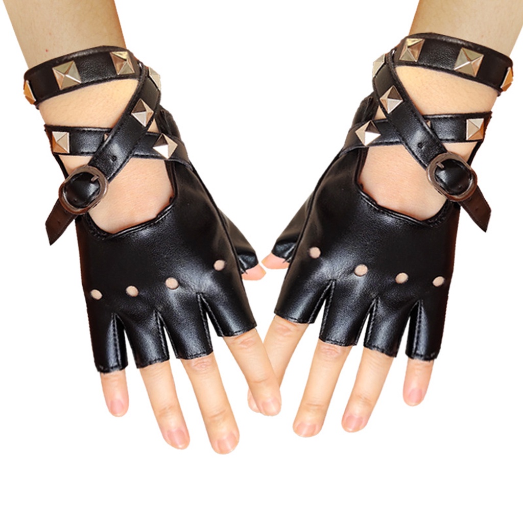 Cool Pu Leather Mittens Female Rivets Gloves Fingerless Gloves Driving ...