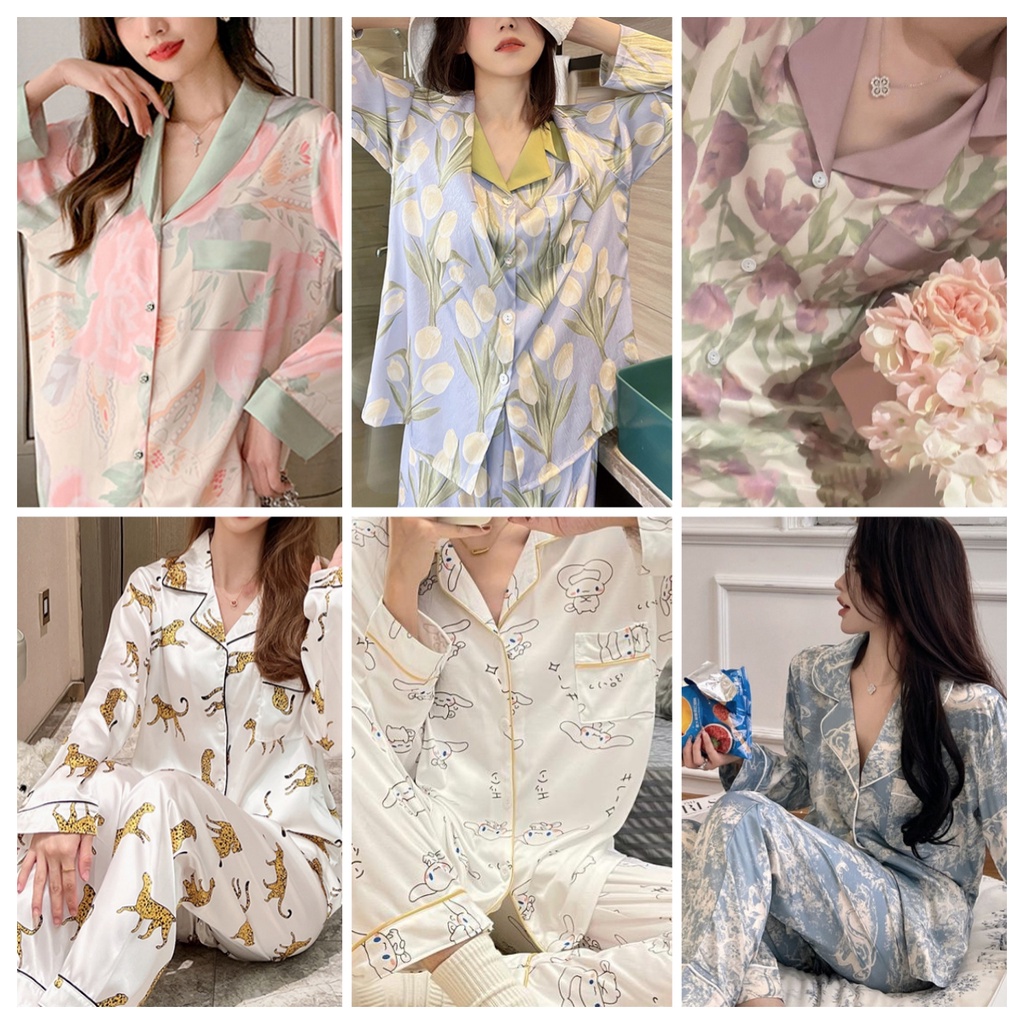Silk Pajama Terno For Women Satin Sleepwear Woman Tuilp Flowers Print ...