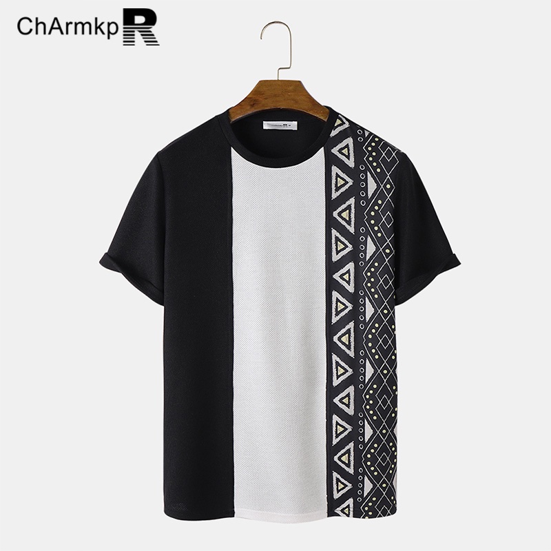 MR Men Geometric Pattern Patchwork Short Sleeves Ethnic Printing T ...