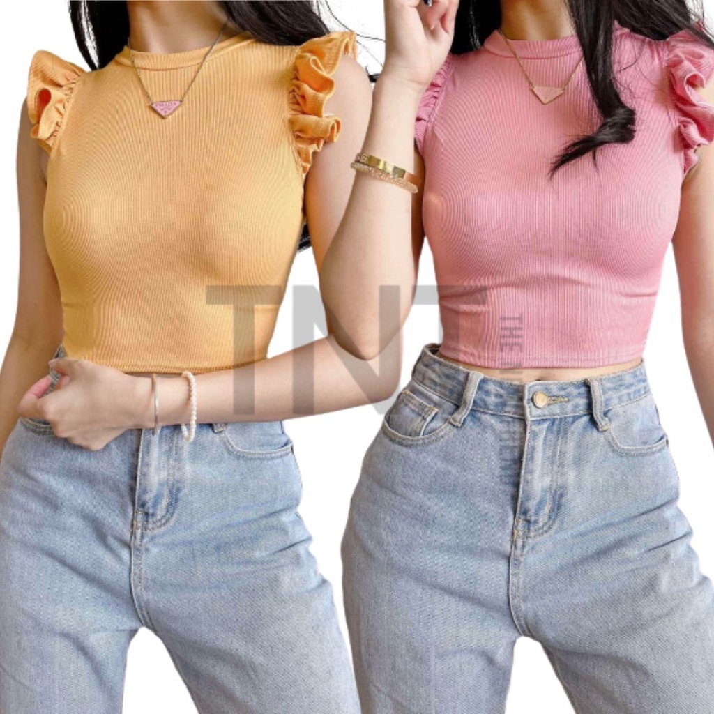 TNT Bubbles Ruffled Sleeve Knit Croptop For Womens Knitted Fabric Fit ...