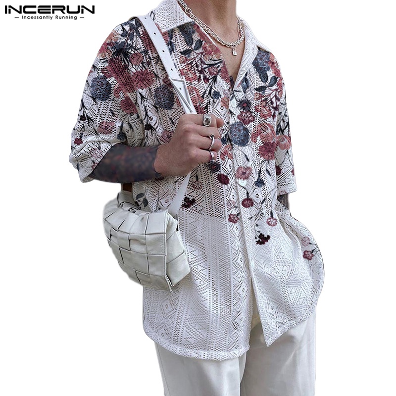 INCERUN Men Vintage Fashion Lace Positioning Floral Short Sleeve Shirts ...