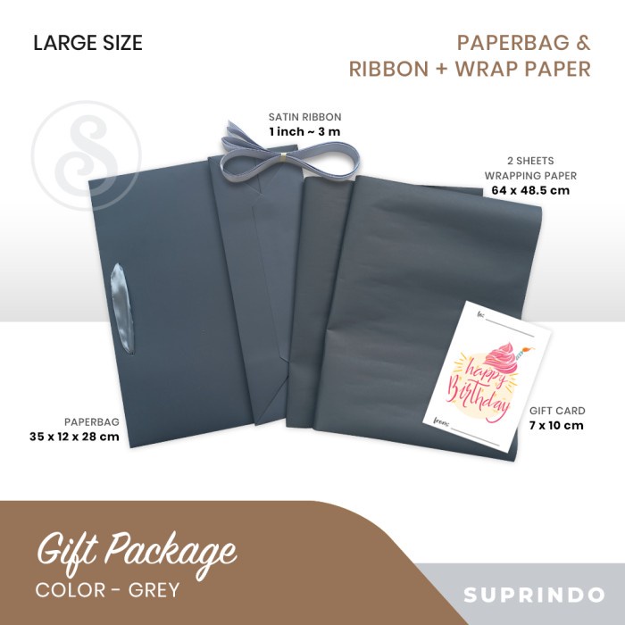 Gift Set Large Paper Bag+Gift Paper+Ribbon+Greeting Card (Grey ...