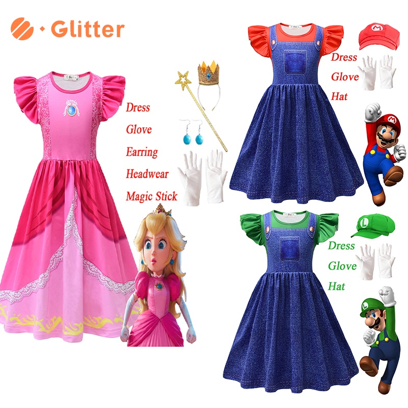 Super Mario Bros Peach Princess Dress For Kids Girl With Hat Gloves Red ...