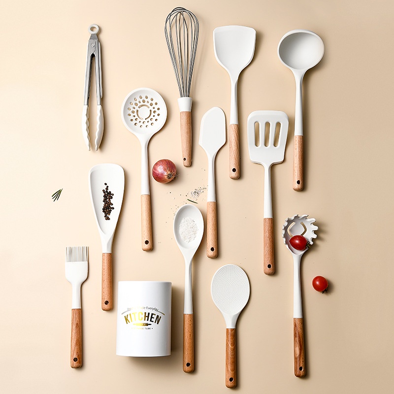 1pcs White Silicone Kitchen Utensils with Wooden Handles for Cooking ...