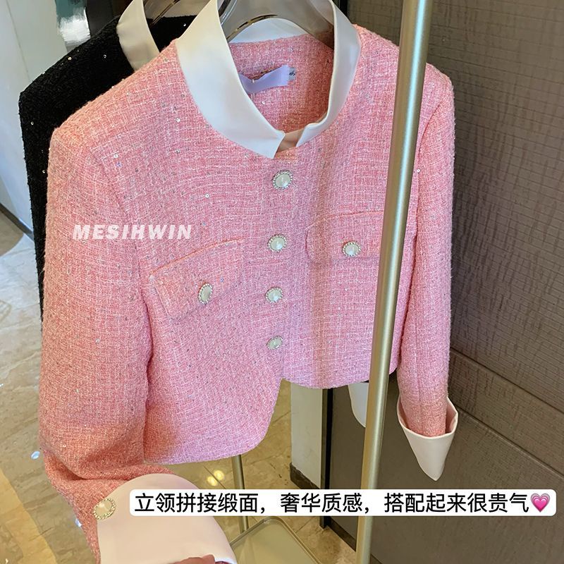 French high-grade vertical collar spliced satin sequined coat spring ...