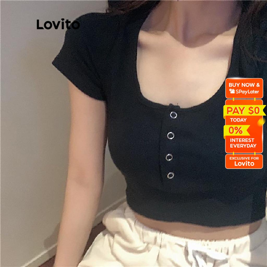 Lovito Casual Plain Button Front T-Shirt for Women LNA02113 | Shopee ...