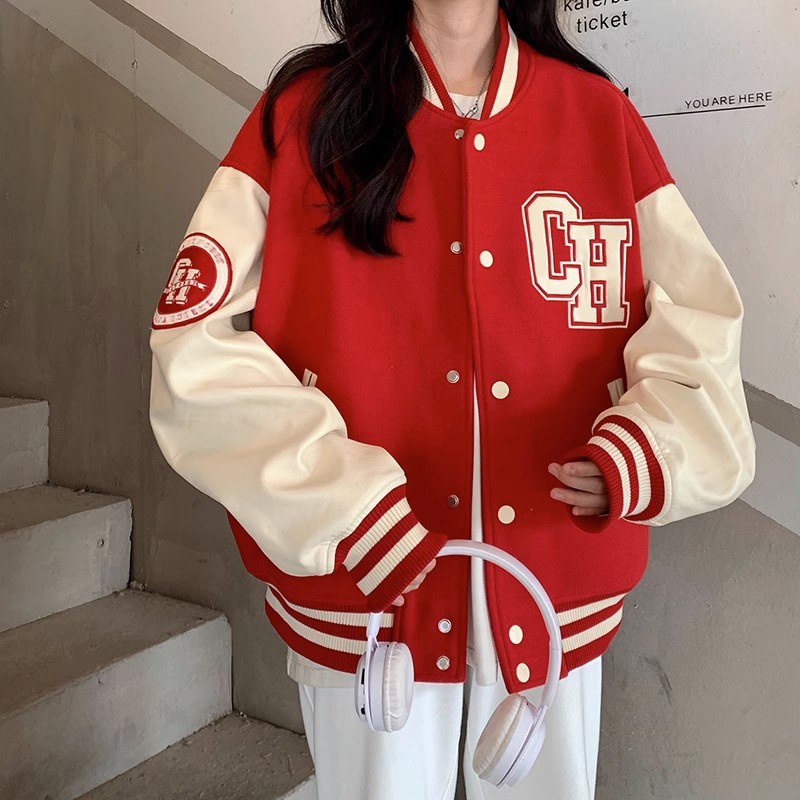 Women Fashion Letter Baseball Jacket Autumn/Winter Loose Sleeve Coat ...
