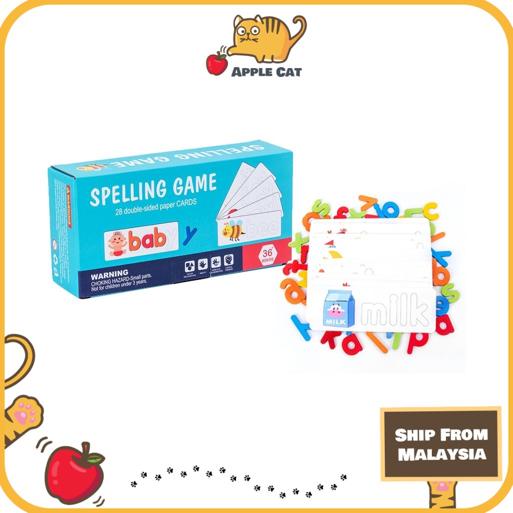 Apple Cat Wooden Spelling Matching Learning Educational Kids Toy ...