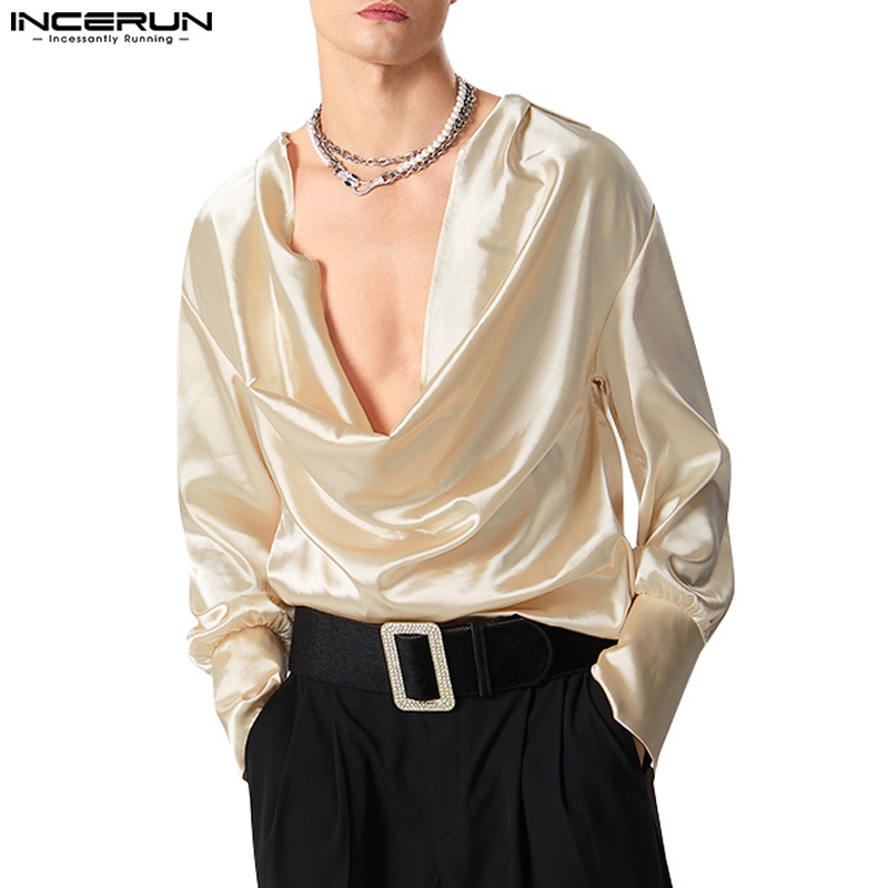 INCERUN Men Vintage Fashion Satin V-Swing Collar Long Sleeve Shirts ...